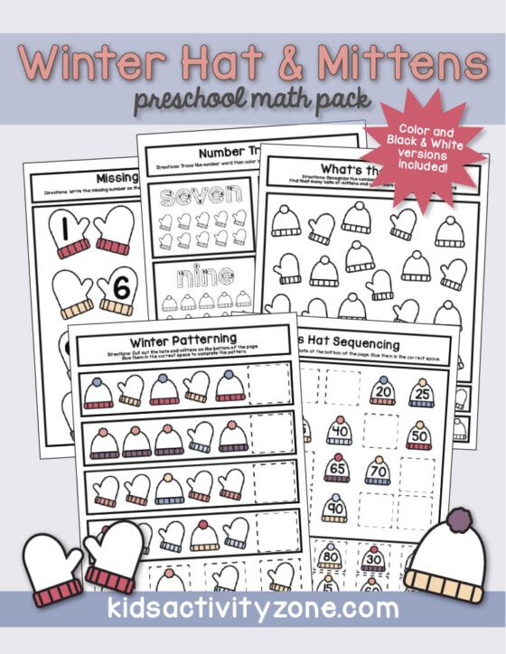 Hats & Mittens Preschool Math Printables - Kids Activity Zone