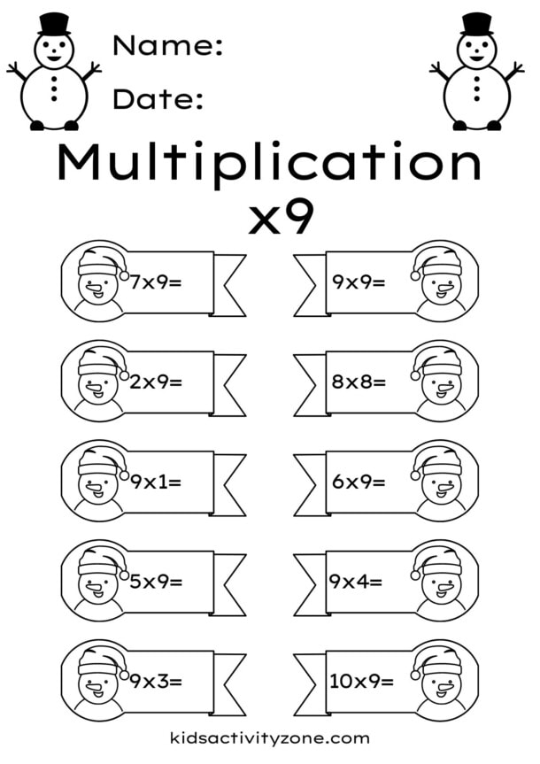 Snowman Multiplication Facts Worksheets - FREE! - Kids Activity Zone
