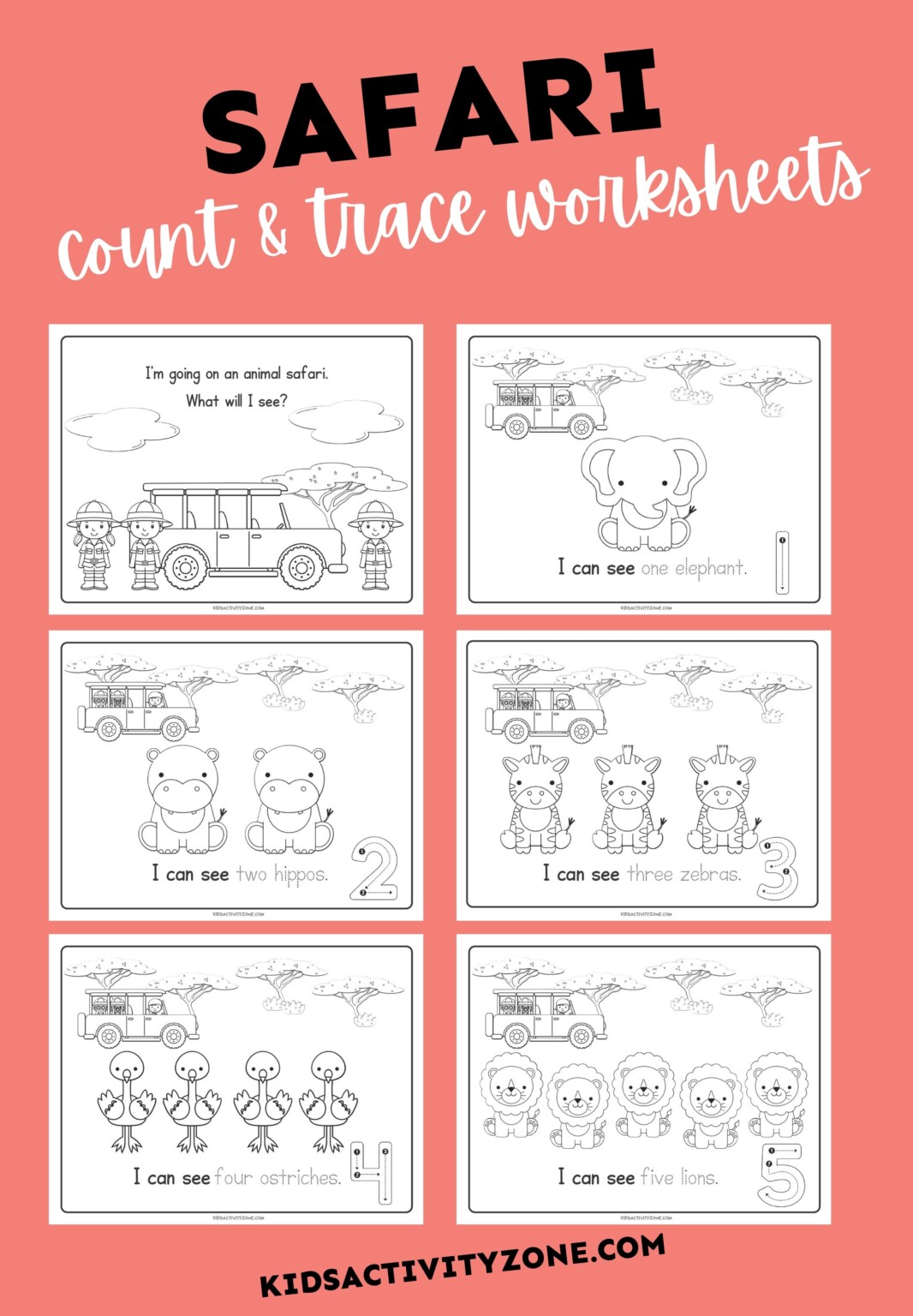 Safari Count and Trace Worksheets - Kids Activity Zone