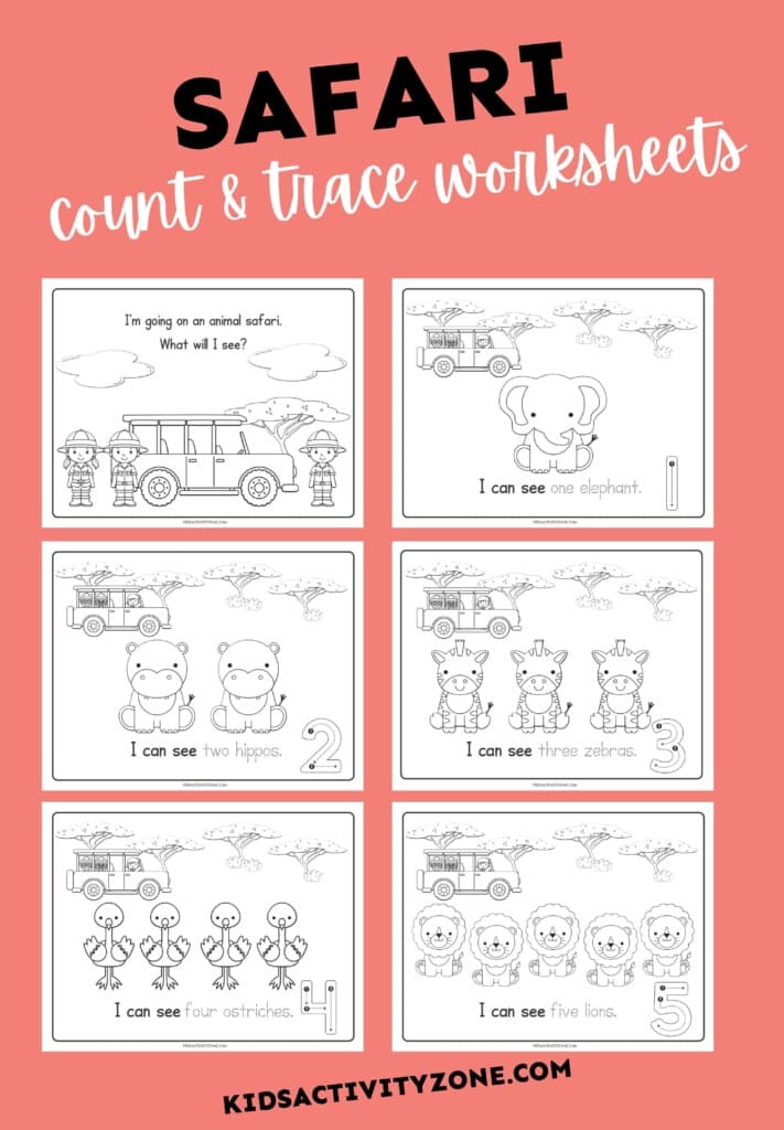 Safari Count and Trace Worksheets - Kids Activity Zone