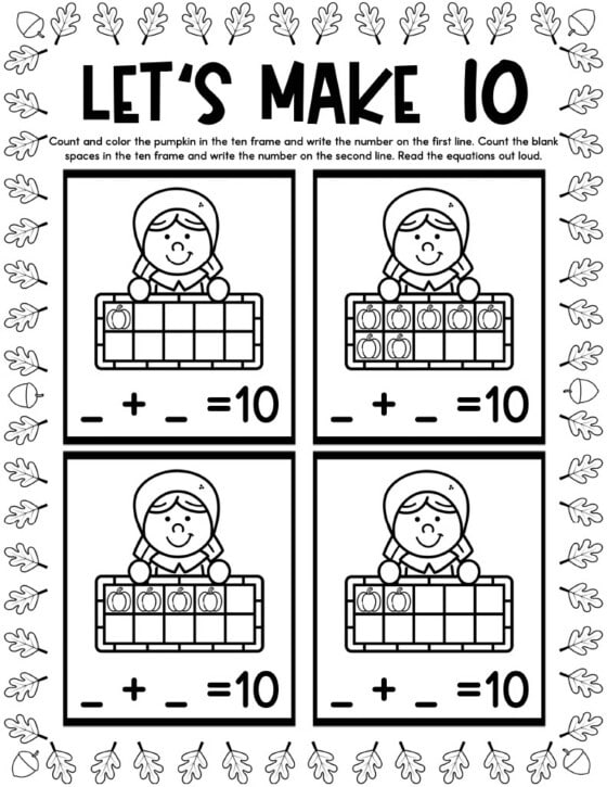 Thanksgiving Ten Frames Worksheets - Kids Activity Zone