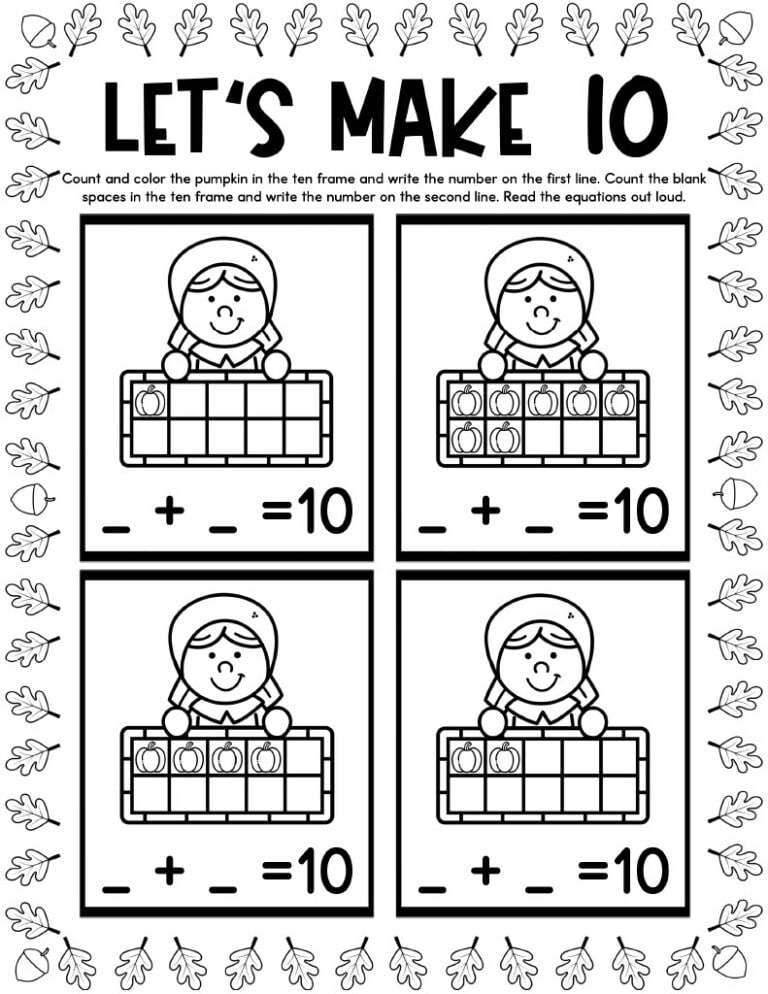 Thanksgiving Ten Frames Worksheets - Kids Activity Zone