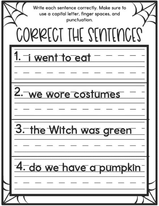 Halloween Correct the Sentences Worksheets - Kids Activity Zone