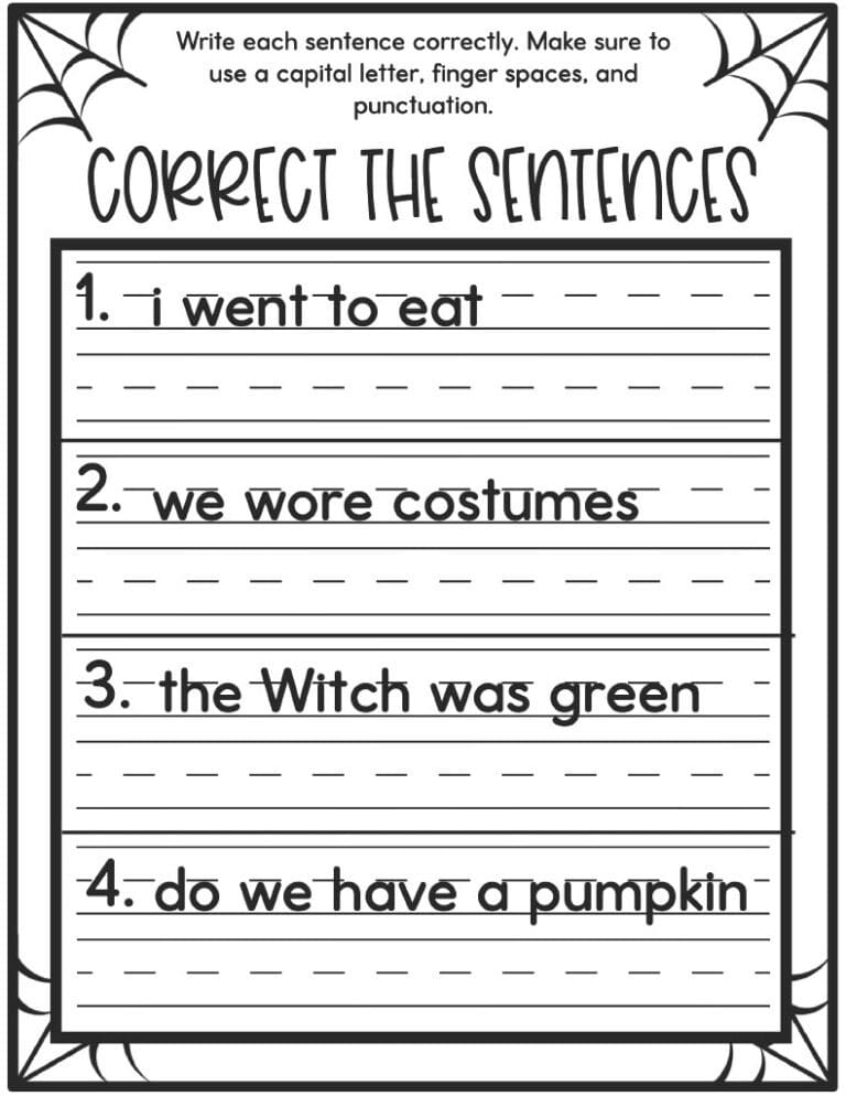 Halloween Correct the Sentences Worksheets - Kids Activity Zone
