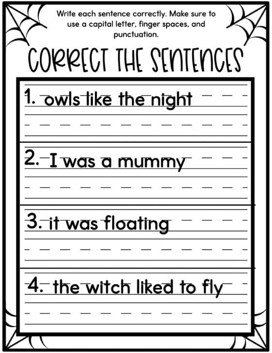 Halloween Correct the Sentences Worksheets - Kids Activity Zone