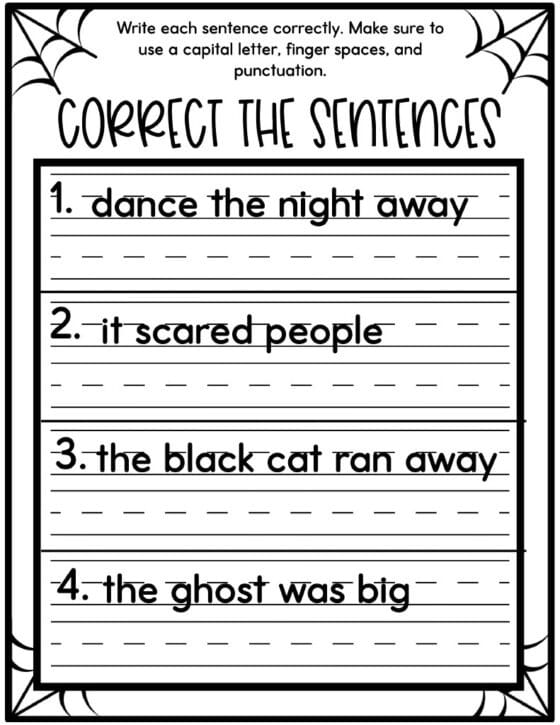 Halloween Correct the Sentences Worksheets - Kids Activity Zone