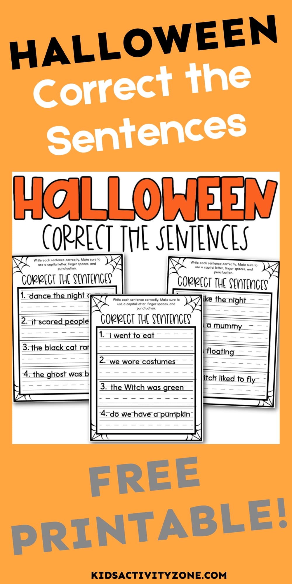 Halloween Correct the Sentences Worksheets - Kids Activity Zone