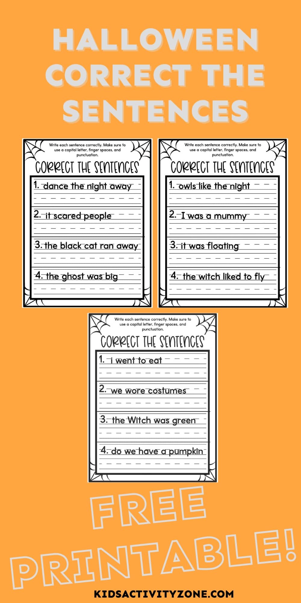 Halloween Correct the Sentences Worksheets - Kids Activity Zone